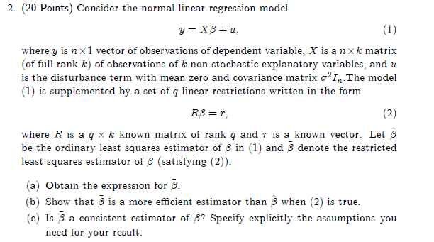 2. (20 Points) Consider the normal linear regression | Chegg.com