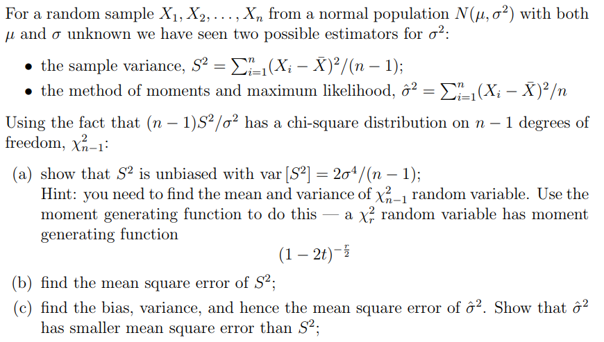 Solved For a random sample X,, X2, . . . , Xn from a normal | Chegg.com