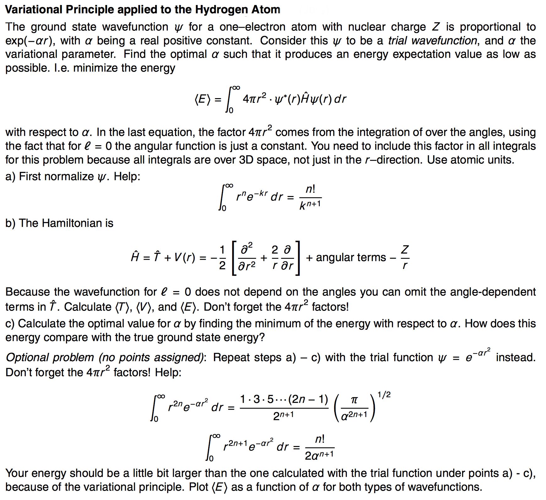 Variational Principle applied to the Hydrogen AtomThe | Chegg.com