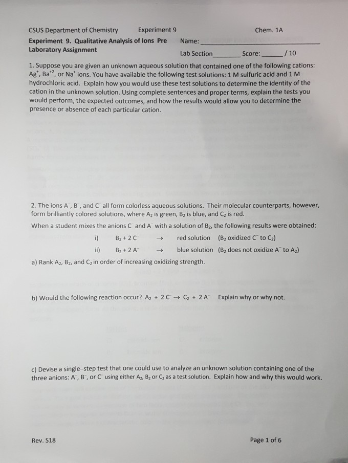 Solved Chem. 1A CSUS Department of Chemistry Experiment 9 | Chegg.com