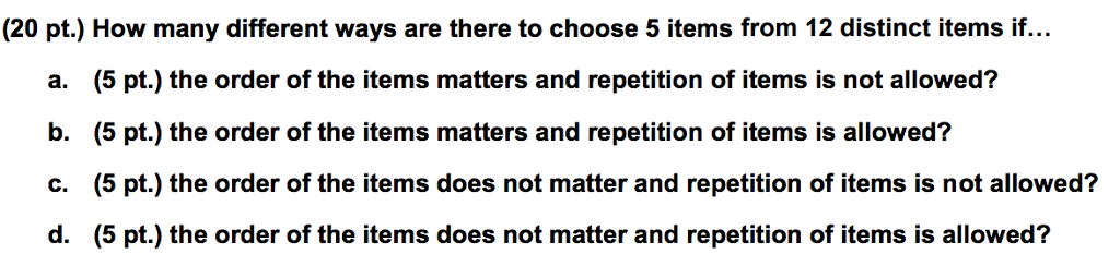 Solved (20 pt.) How many different ways are there to choose | Chegg.com