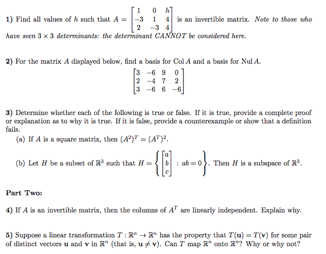 Solved Find all values of h such that is an invertible | Chegg.com