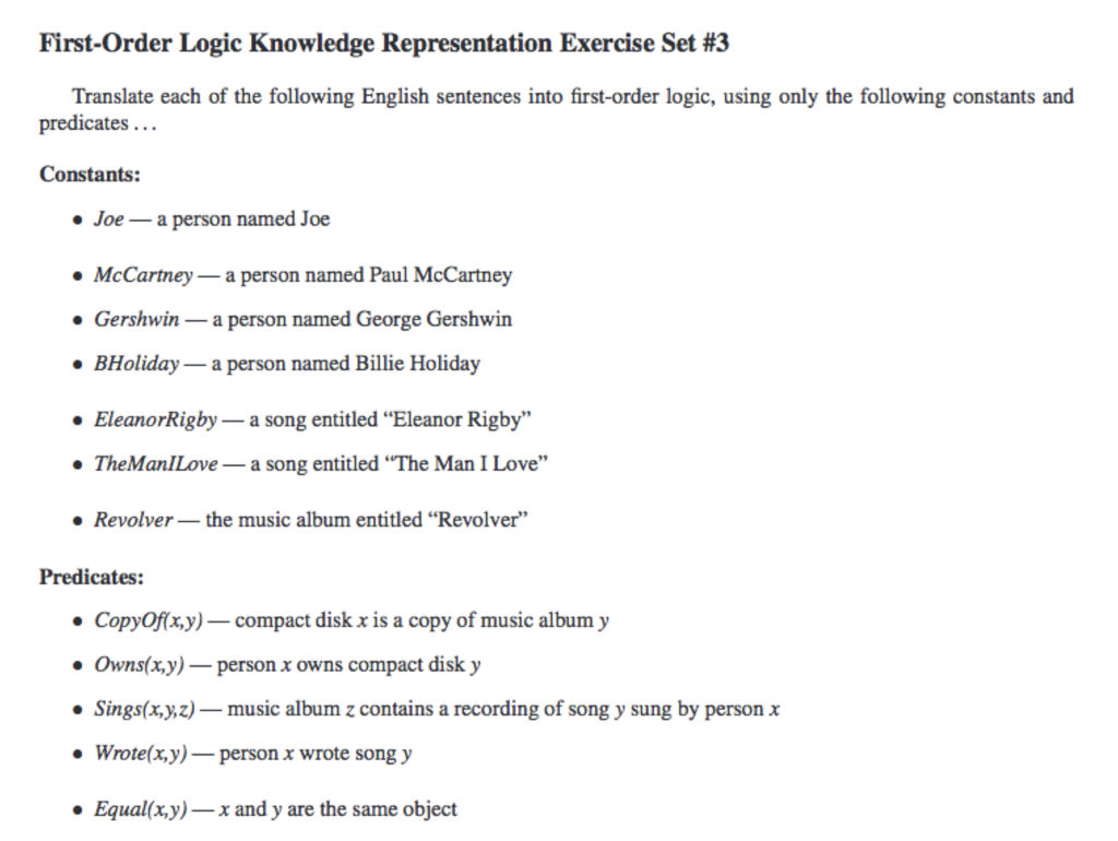 Solved First-Order Logic Knowledge Representation Exercise | Chegg.com