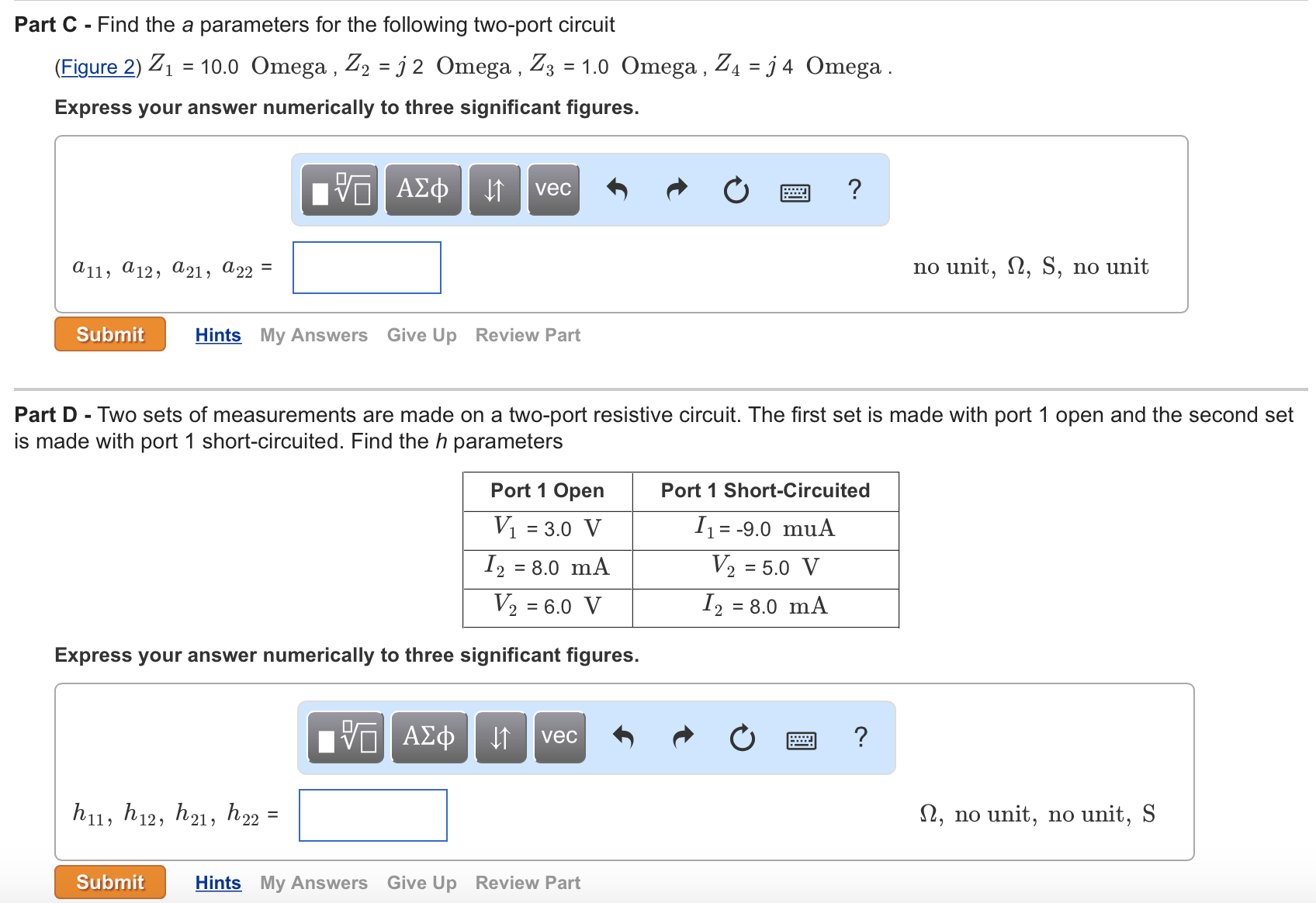 To analyze two-port circuits to identify parameters | Chegg.com