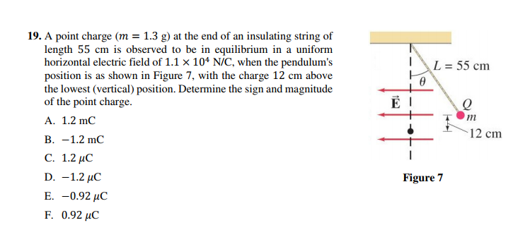 Solved 19. A point charge (m 1.3 g) at the end of an | Chegg.com