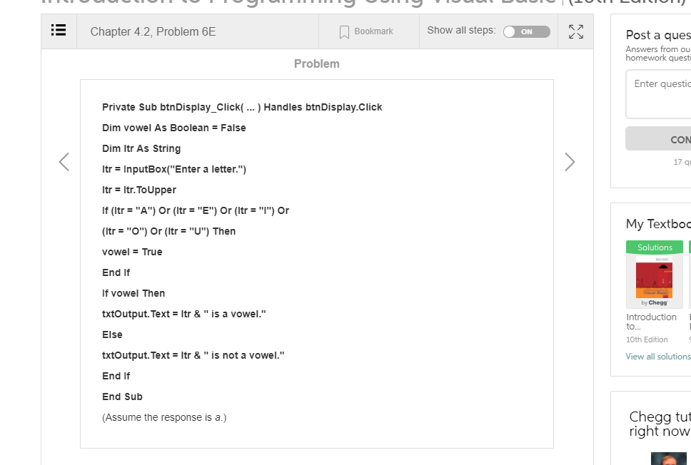 Solved ntroduction to Programming Using visual Basic T(10t | Chegg.com