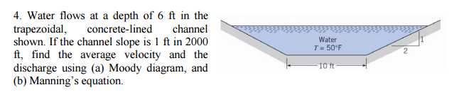 Solved Water flows at a depth of 6 ft in the trapezoidal, | Chegg.com
