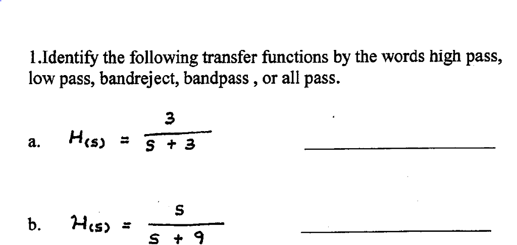 Solved l.Identify the following transfer functions by the | Chegg.com