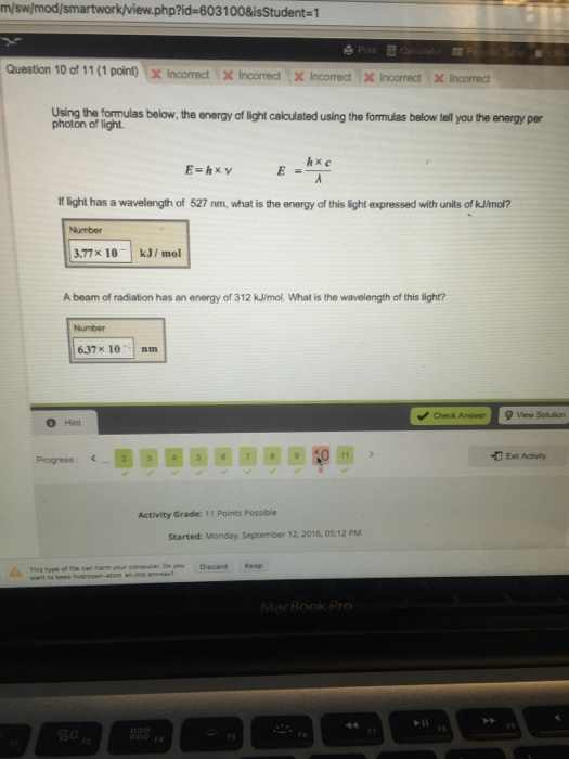 Solved Using the formulas below, the energy of light | Chegg.com