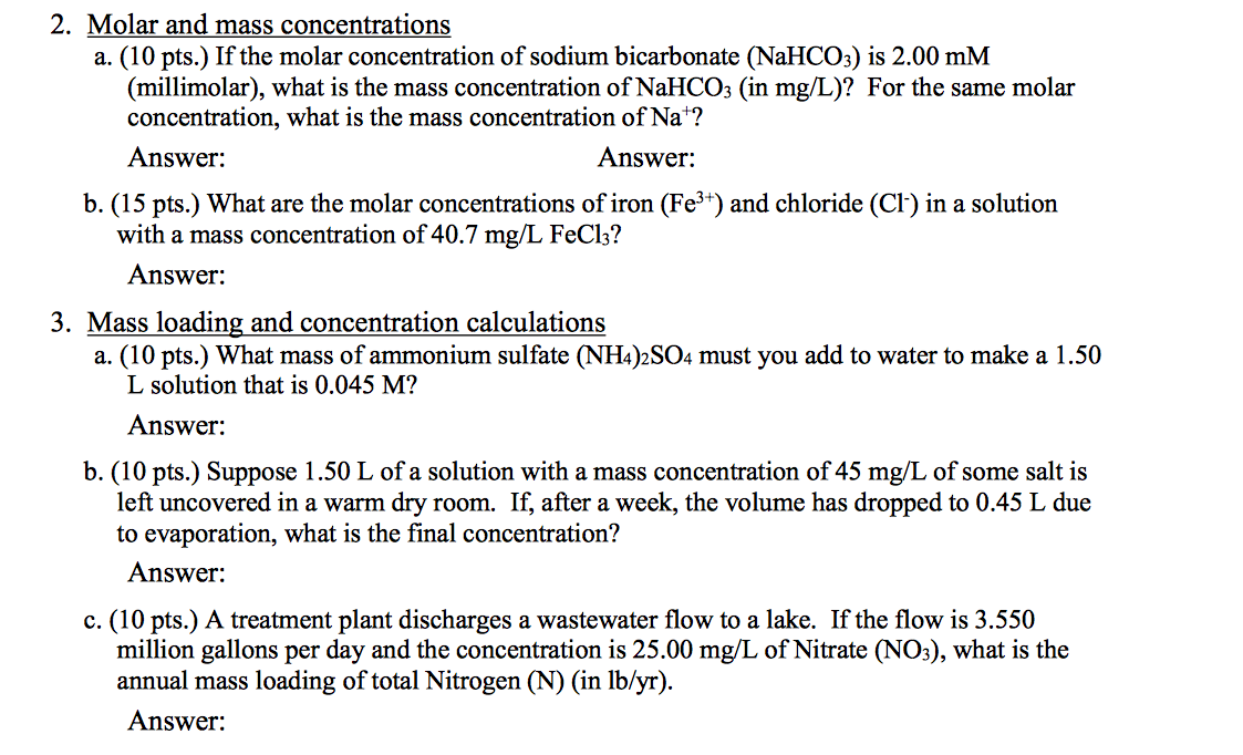 Solved 2. Molar and mass concentrations If the molar | Chegg.com