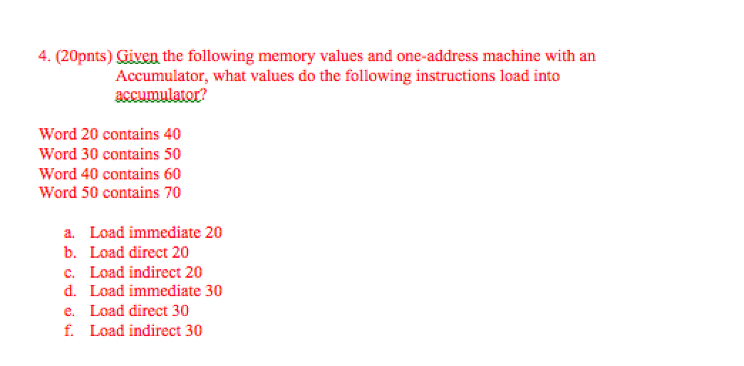 Solved Given Following Memory Values And One Address Machine 