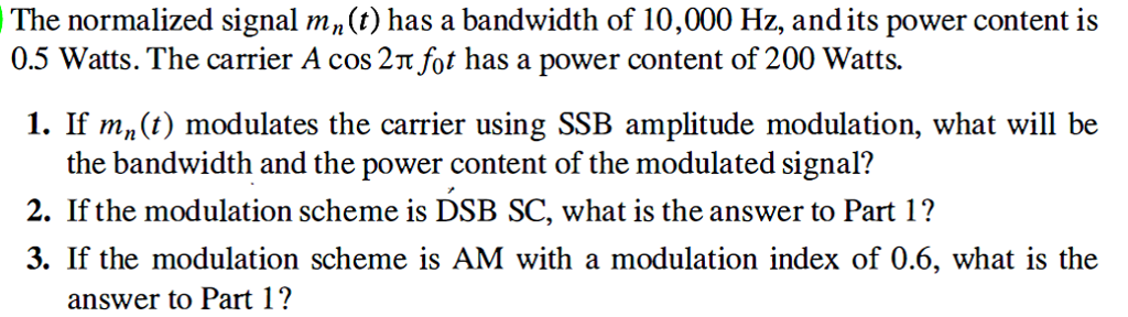 Solved The normalized signal mn (t) has a bandwidth of | Chegg.com