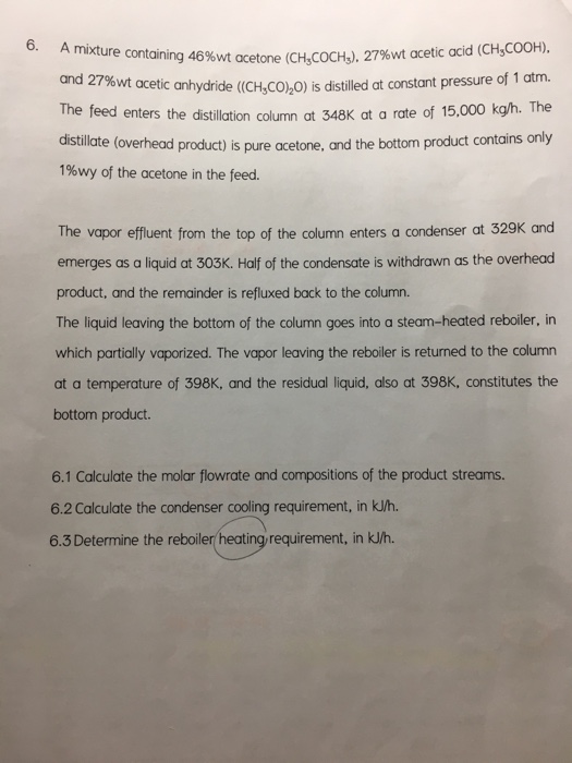 Solved Column overhead Acetone fv), 329 K CONDENSER bol. | Chegg.com