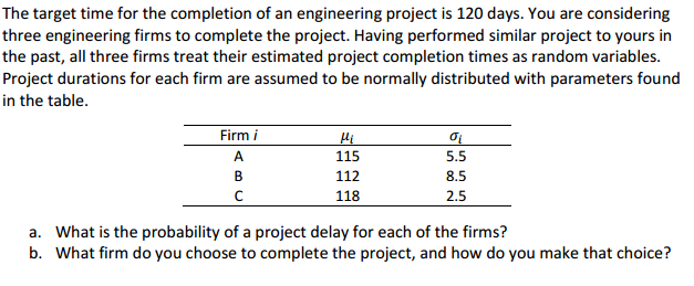 Solved The target time for the completion of an engineering | Chegg.com