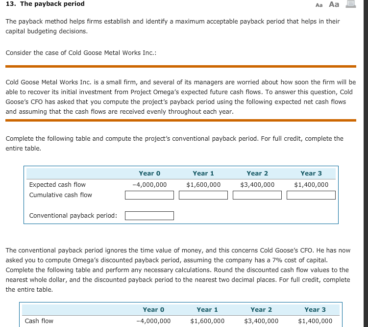 Solved 13. The payback period The payback method helps firms | Chegg.com