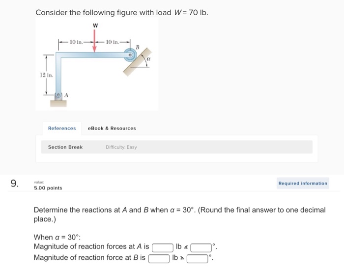 Solved Consider the following figure with load W= 70 lb. 0 | Chegg.com