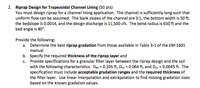 2. Riprap Design for Trapezoidal Channel Lining (50 | Chegg.com