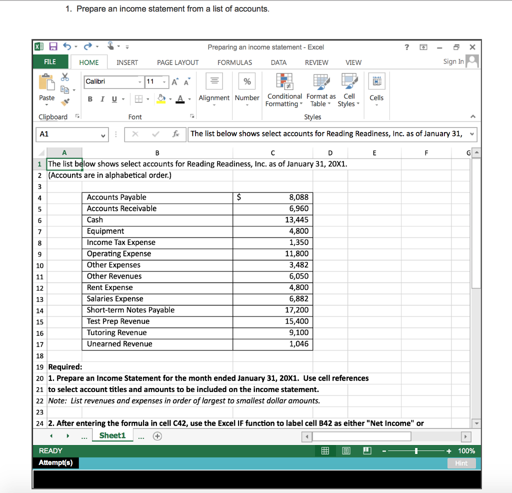 Solved 1. Prepare an income statement from a list of | Chegg.com