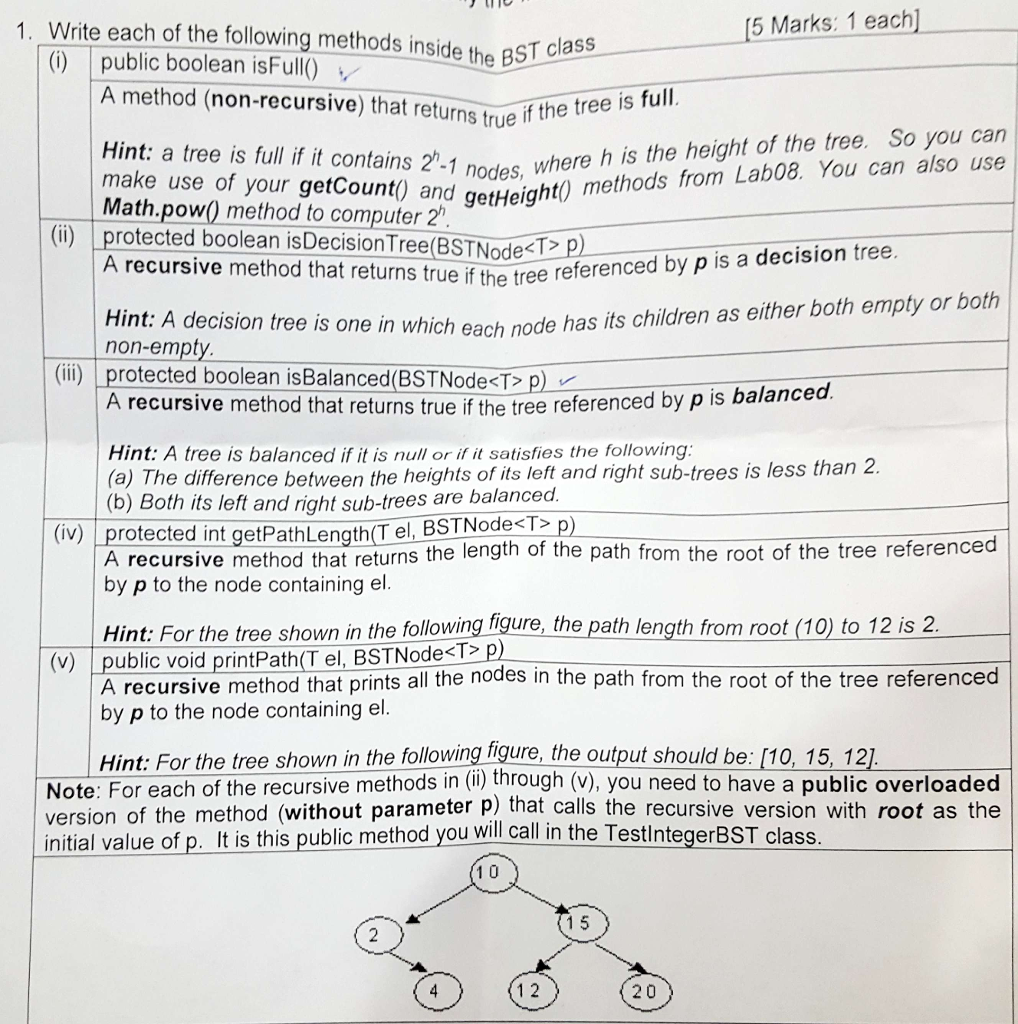 Solved Write each of the following methods inside the BST | Chegg.com