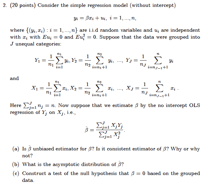 Solved 2. (20 points) Consider the simple regression model | Chegg.com