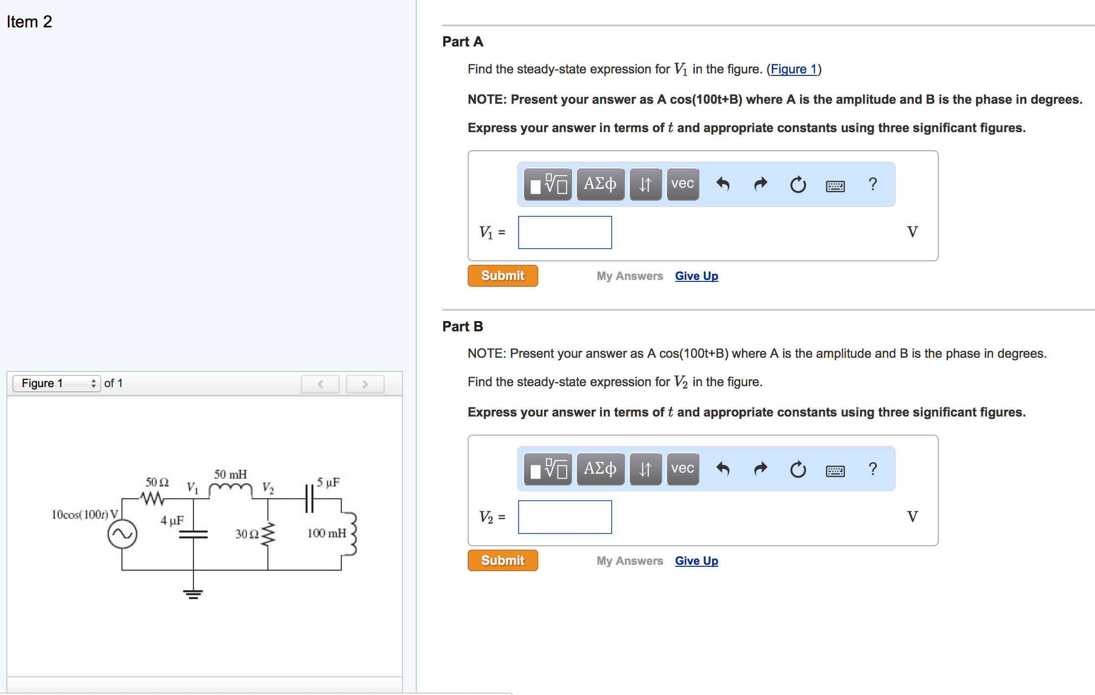 Solved Find the steady-state expression for V1 in the | Chegg.com