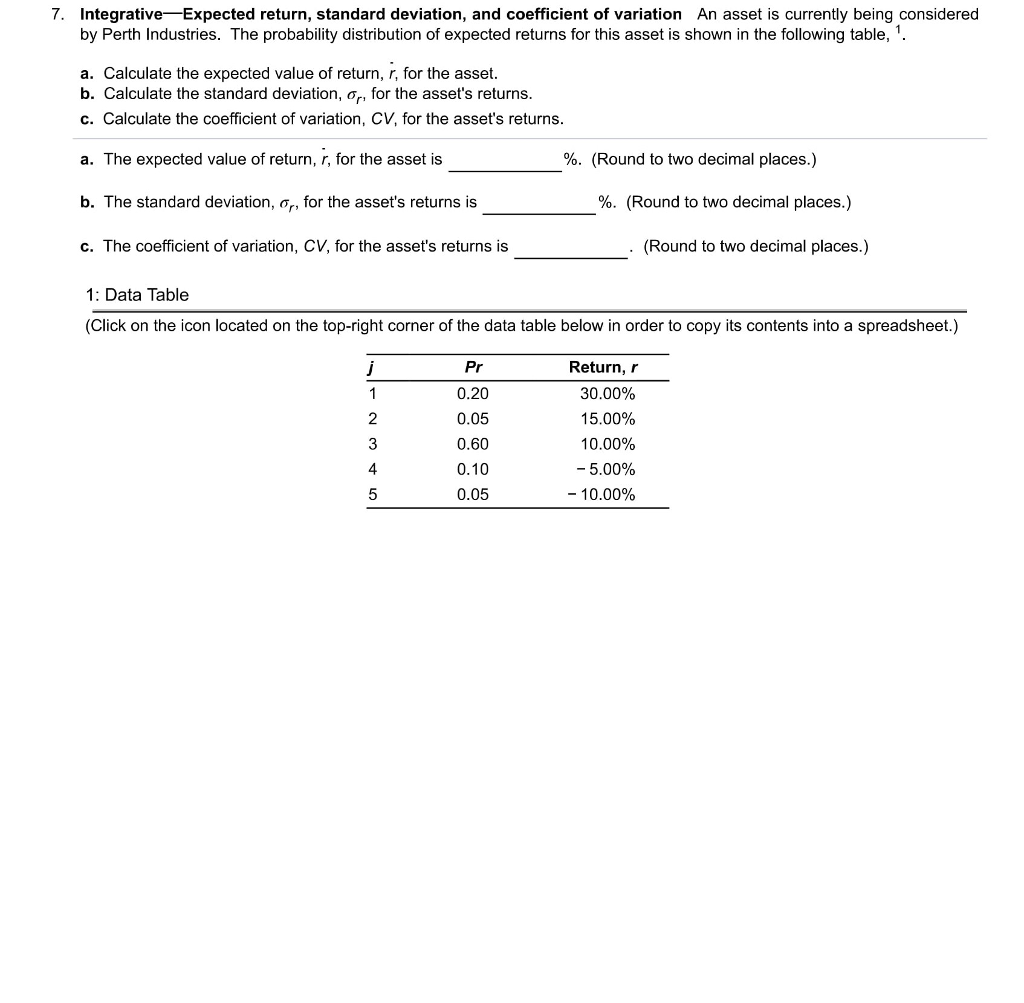 Solved 7. IntegrativeExpected return, standard deviation, | Chegg.com