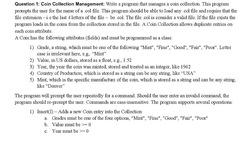 Solved Question 1: Coin Collection Management: Write a | Chegg.com