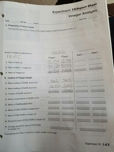 Solved Vinegar Analysis Desk Hia. Experiment 10 Report Sheet | Chegg.com