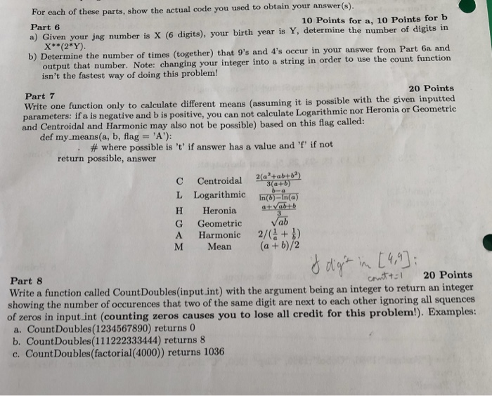 Solved For each of these parts, show the actual code you | Chegg.com