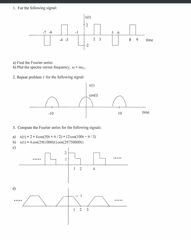 Solved I. For the following signal x(t) 7 -6 -1 8 9 time -2 | Chegg.com