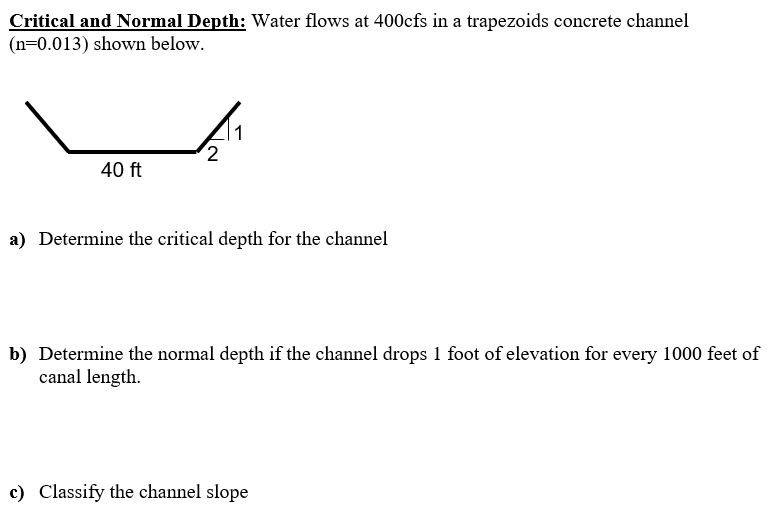 Solved Critical and Normal Depth: Water flows at 400cfs in a | Chegg.com