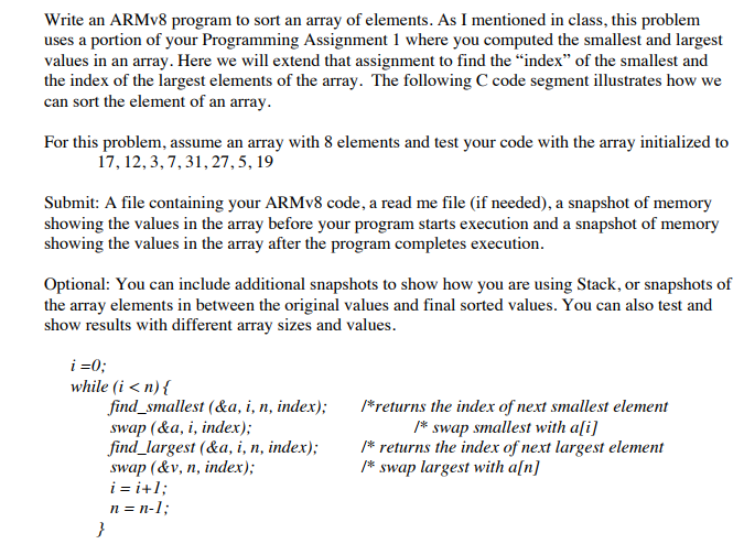Write an ARMv8 program to sort an array of elements. | Chegg.com