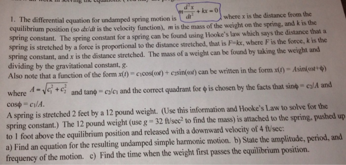 Solved 1. The differential equation for undamped spring | Chegg.com