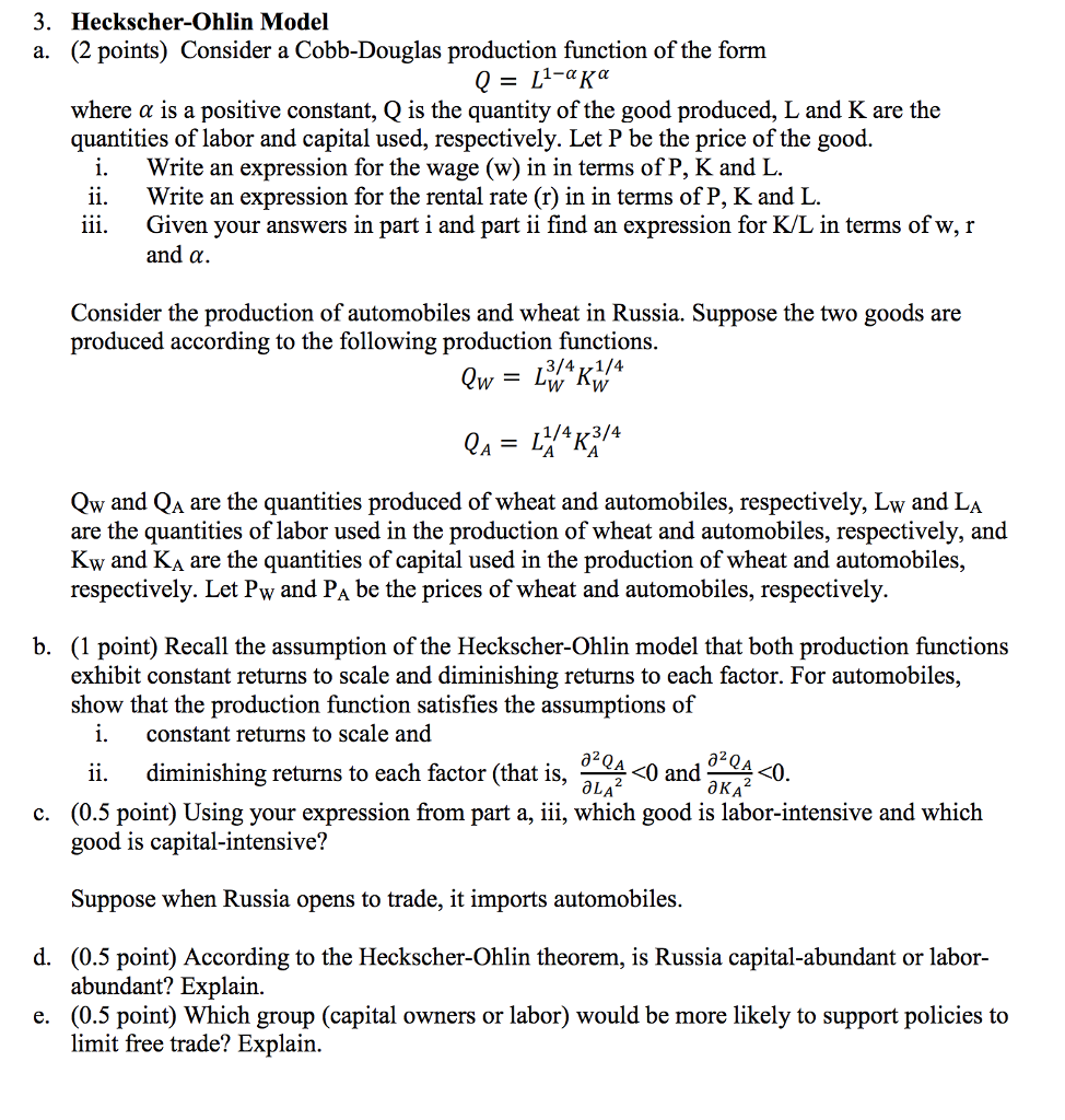 3. Heckscher-Ohlin Model (2 points) Consider a | Chegg.com