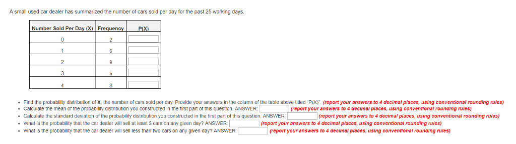 Solved A small used car dealer has summarized the number of | Chegg.com