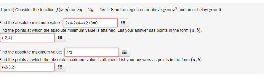 Solved 1 point) Consider the function f(z, y) zy-2y-4z + 8 | Chegg.com