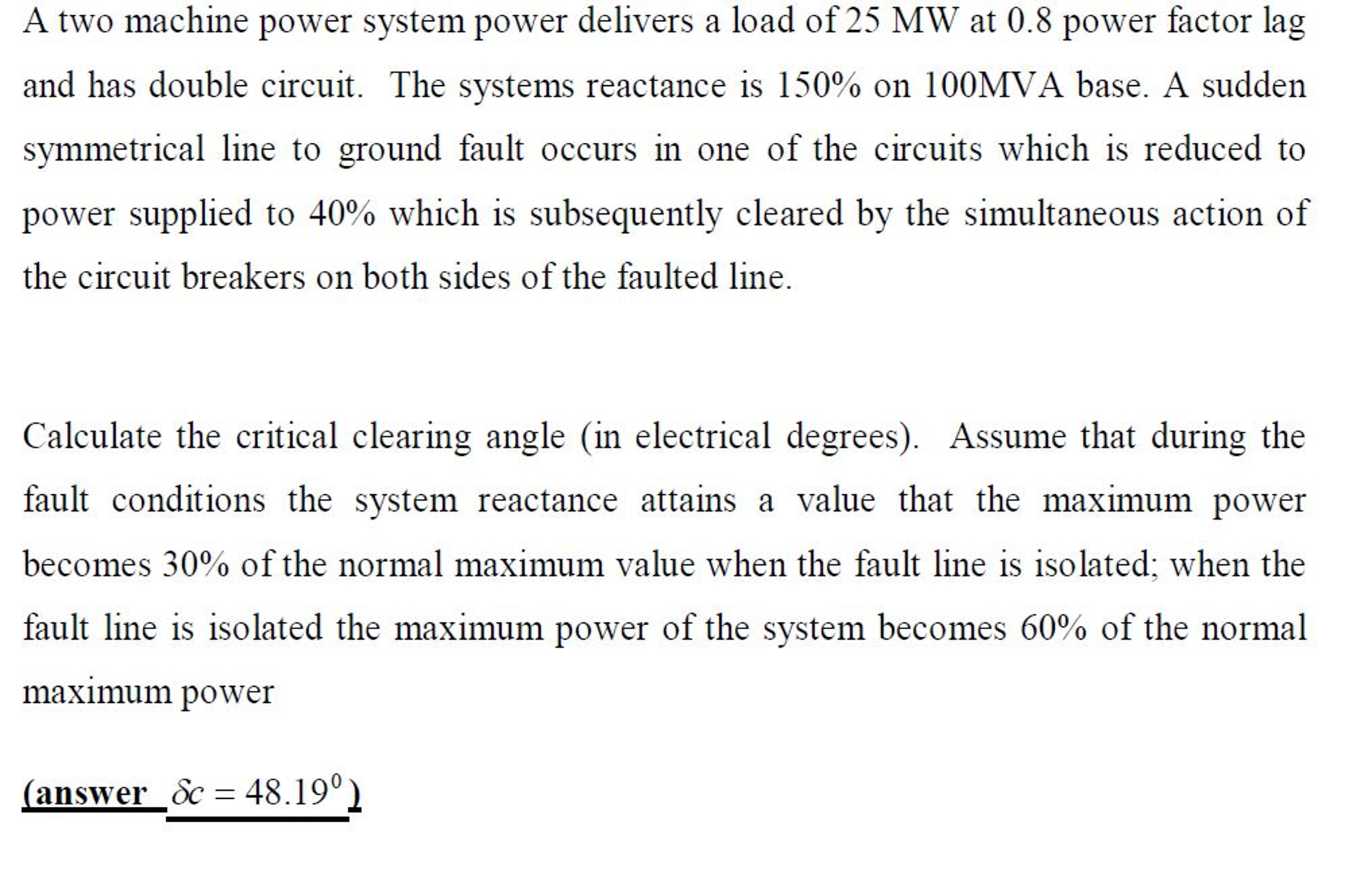 Solved A two machine power system power delivers a load of | Chegg.com