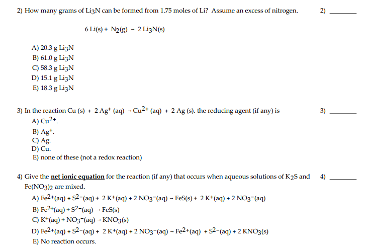Solved 2) How many grams of Li3N can be formed from 1.75 | Chegg.com