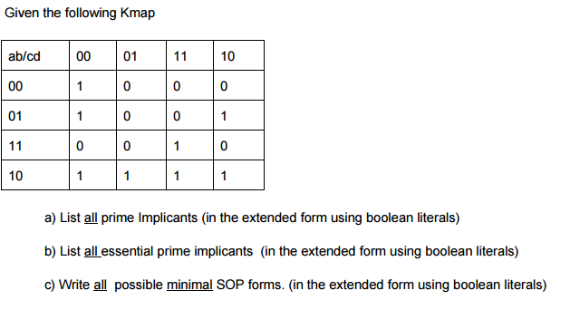 Solved Given The Following Kmap List Ail Prime Implicants