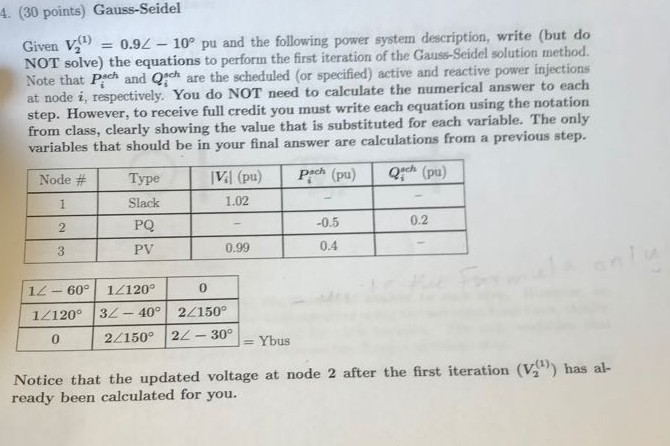 Solved 4. (30 points) Gauss-Seidel Given u 0.9 pu and the | Chegg.com