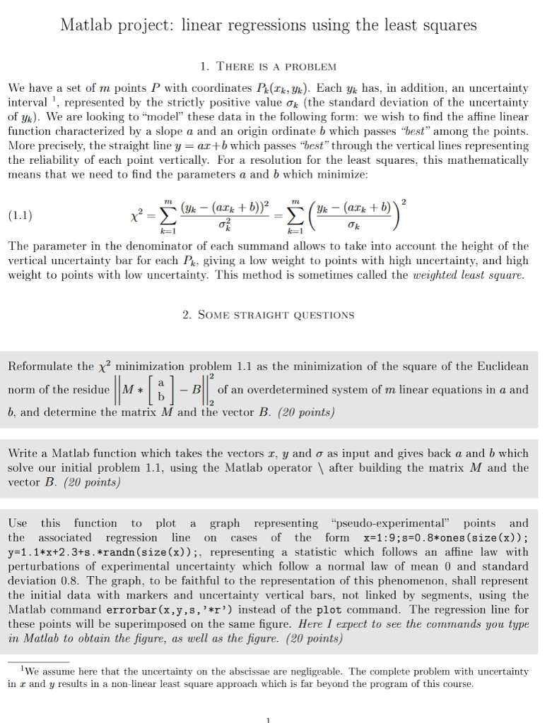 Matlab project: linear regressions using the least | Chegg.com