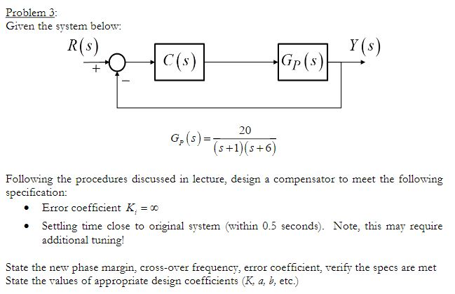 Solved Given the system below: G_p(s) = 20/(s + 1)(s + 6) | Chegg.com