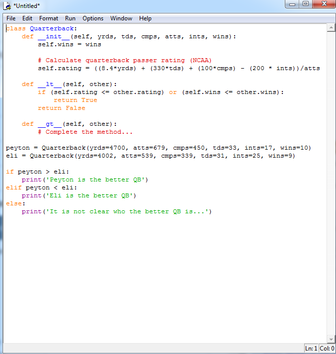 Solved Python Complete the __gt__ method. A quarterback | Chegg.com