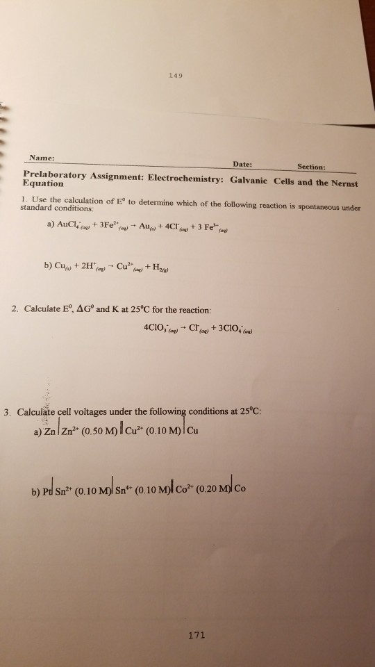 Solved Prelaboratory Assignment: Electrochemistry: Galvanic | Chegg.com