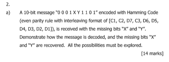 Solved 2. A 10-bit message "0 001XY1101"encoded with Hamming | Chegg.com
