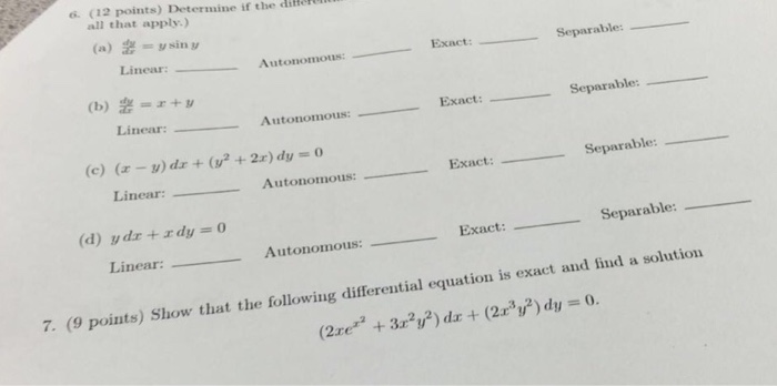 Solved dy/dx = y sin y Linear: Autonomous: Exact: | Chegg.com