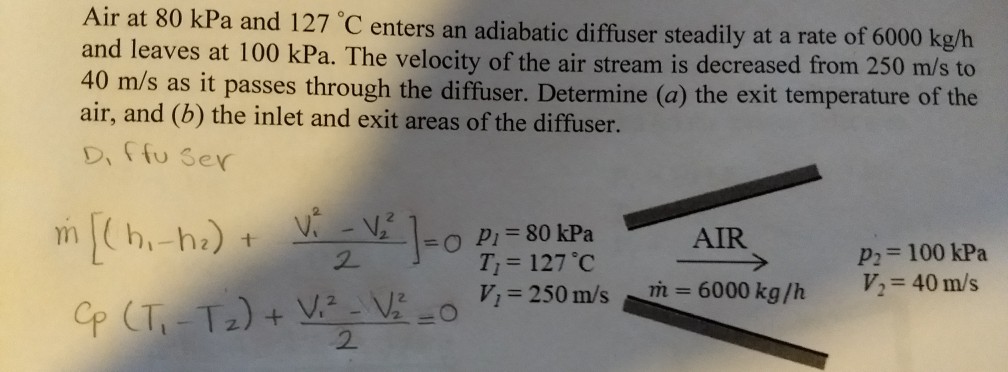 Solved Air at 80 kPa and 127 °C enters an adiabatic diffuser | Chegg.com