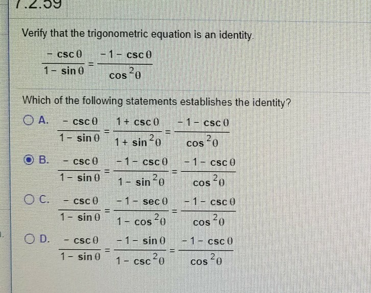 Solved Verify that the trigonometric equation is an identity | Chegg.com