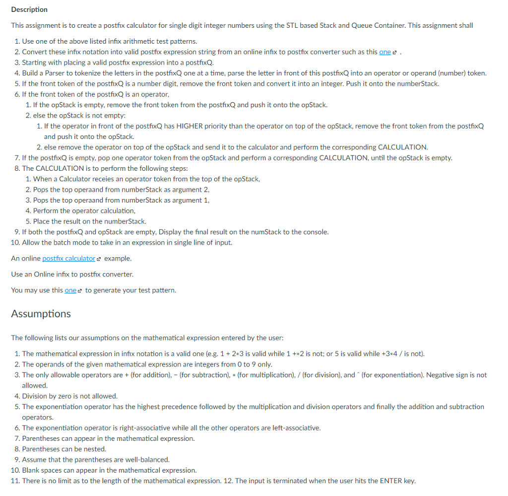 Solved Description This assignment is to create a postfix | Chegg.com