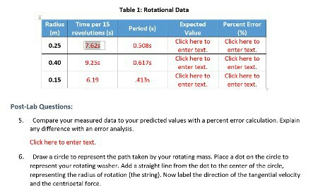 Table 1: Rotational Data RadiusTime per 15 Expected | Chegg.com